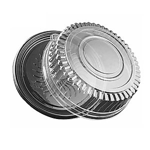 Heavy Duty, Recyclable Serving Tray with High Dome Lid, Black Plastic Party Platters Clear Lids. Elegant Round Banquet or Catering Trays for Serving Appetizers, Sandwich and Veggie Plates, 12” Round