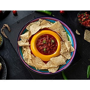 KooK Ceramic Chip & Dip Platter, Large Divided Serving Dish for Parties, Round Tray for Snacks and Appetizers, with Bowl for Dips, Dishwasher Safe, Hand-painted, Multicolor, Tinga Collection, 13 Inch