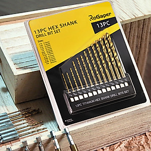 ROGAPER 13 PCS Titanium Coated Hex Shank Drill Bit Set, HSS Twist Drill Bit Sets, Impact Driver Drill Bits for Wood, Steel, Metal, Plastic, Quick Change Design (1/16-1/4)