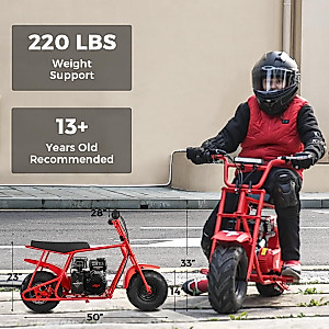 FRP GMB100 Mini Bike, 99CC 4-Stroke Mini Bikes for Adults, Off-Road Motorcycle W/LED Headlight, Goggles, Gloves and Neck Gaiter Up to 28 Mph, Weight Support Up to 220 LBS（Red）