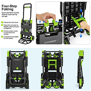 330LB Folding Hand Truck Heavy Duty Carrying, Combination of Four Wheels and Two Wheels Convertible Dolly Cart with Retractable Handle Dolly for Moving Office Carts(Green)