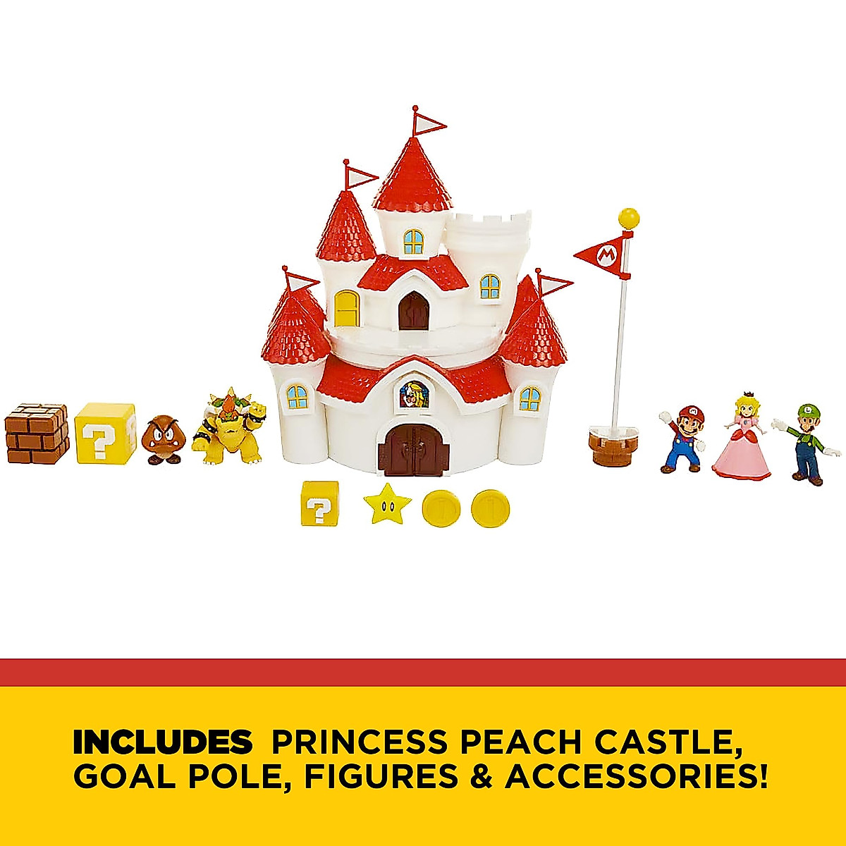 Super Mario Nintendo Deluxe Mushroom Kingdom Castle, Wall Display & Playset with (5) 2.5" Articulated Action Figures (Exclusive Bowser Figure, Princess Peach, Mario, Luigi & Goomba)