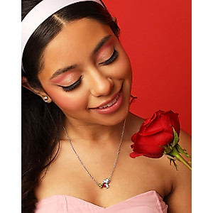 PEANUTS Womens Snoopy and Woodstock Red Crystal Heart Necklace 18" - Silver Plated Snoopy Necklace - Official License