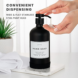 Verute 16oz Glass Soap Dispenser with Stainless Steel Pump, 21 Waterproof Labels, Non-Slip Protective Silicone Pad, Set of 2 for Bathroom & Kitchen (Matte Black Bottle/Black Pump)