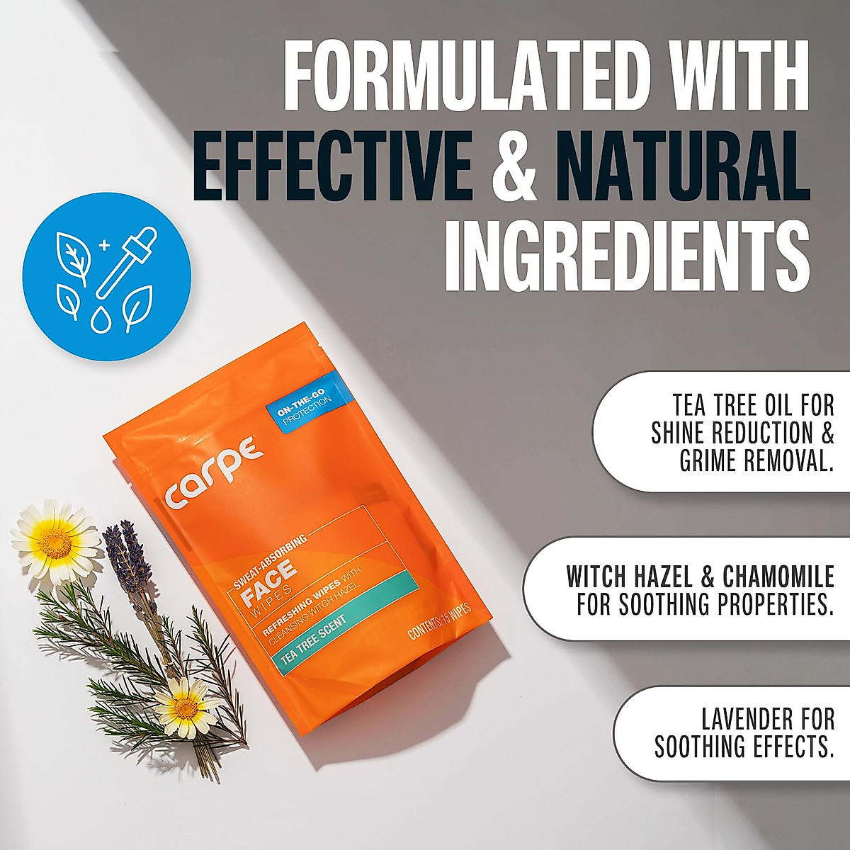 Carpe Sweat Absorbing Face Wipes (15 Facial Wipes). Witch Hazel & Tea Tree Oil Wipes Infused with Eucalyptus. Energizing, Refreshing, and Soothing. Sweat and Oil Control