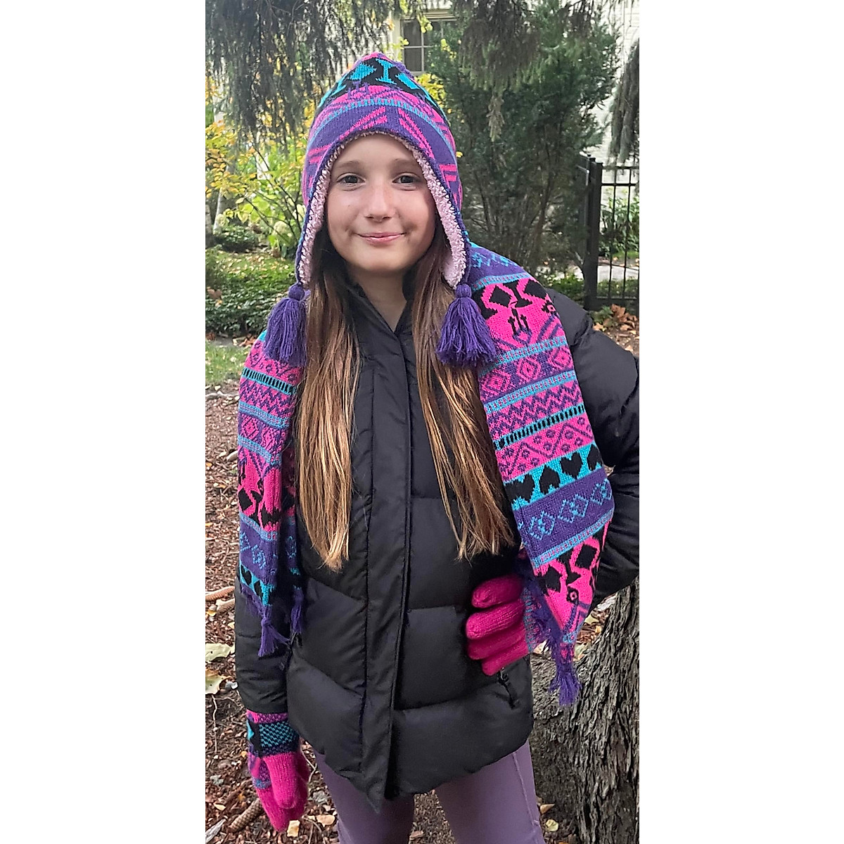 N'Ice Caps Kids Hat Glove Scarf Girls Winter Knit Accessory Set Warm Sherpa Lined 3 Piece (8-12 Years, purple/turq/fuchsia/black)