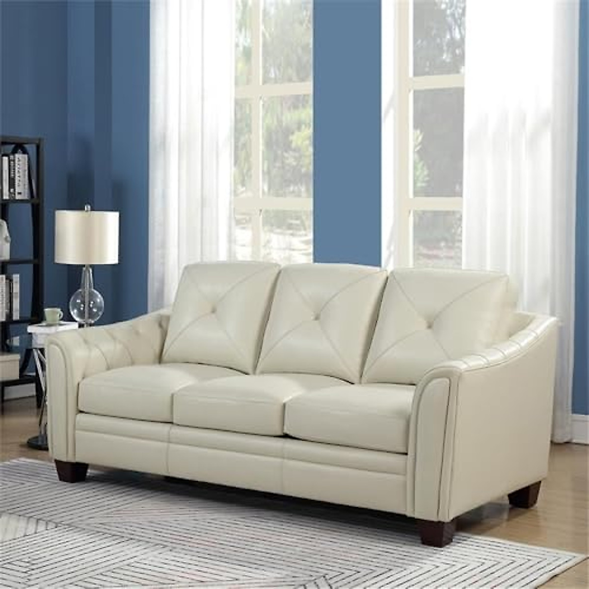 MAKLAINE 86" W Transitional Leather Tufted Fitted Back Sofa with Removable Seat Cushions, Leg Assembly Required, Seats up to 3 People, in Ivory Finish