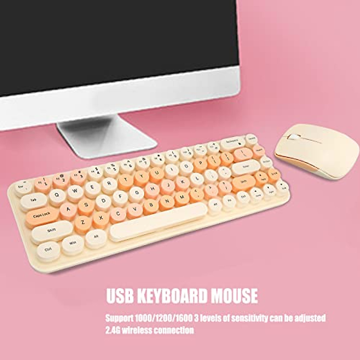 Gaming Keyboard Mouse, Retro Cute Material ABS Keyboard USB Mouse 68 Keys 2.4G Wireless Low Consumption for Office (Tawny Mixed Color)