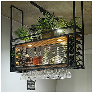 KEPMOGOH Ceiling Wine Glass Rack, Hanging Wine Rack with Glass Holder and Shelf, Metal Ceiling Shelf with Guardrails, Goblet Stemware Racks, Black Metal Ceiling Shelf for Bar Cafe Kitchen (100cm)