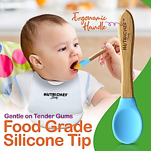 Nutrichef 2 Piece Baby & Toddler Spoon Set, All Natural Wooden Spoon Set w/Soft Curved Food Grade Silicone Head, Self-Feeding Utensils, BPA Free, Toddler & Child Tableware for ages 4 months- 6 years