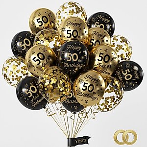 Yiran 50th Birthday Balloons, Black Gold Number 50 Balloons, 15Pcs Happy Birthday Balloons Party Deocorations Supplies, 12inch Latex Confetti Balloons for Adult Men Women