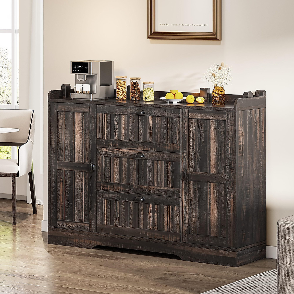DWVO Farmhouse Sideboard Buffet Cabinet with Storage, 59" Kitchen Pantry Storage Cabinet with 3 Drawers, Coffee Bar for Kitchen Living Room Dining Room, Dark Rustic Oak