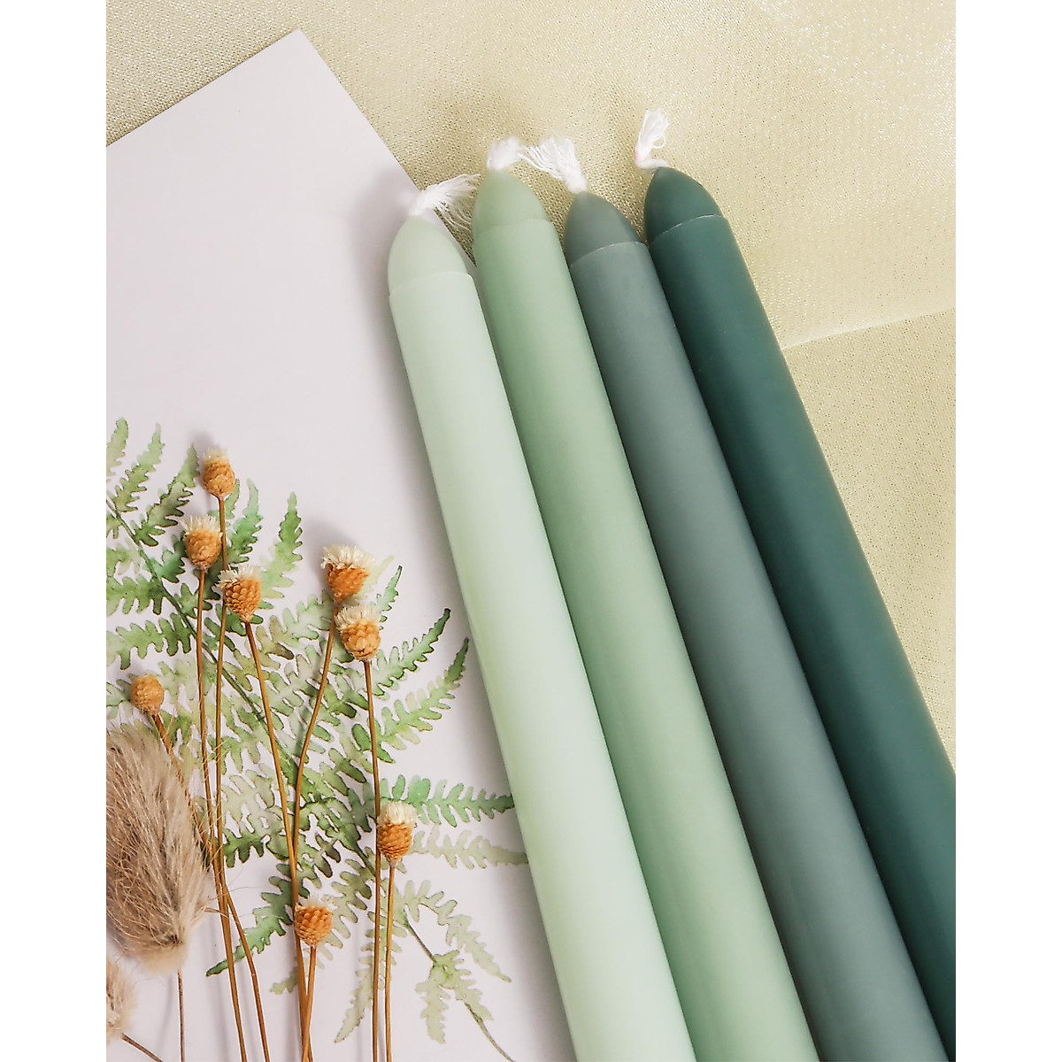 Viyffo Taper Candles 12 Inch Green Set of 4 Unscented, Dripless, Smokeless Long Tall Tapered Candlesticks Wedding Home Decor Dinner Natural Color Series