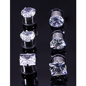 Vsnnsns 00G 316L Surgical Stainless Steel Cubic Zirconia Ear Gauges Plugs Tunnels Taper Stretching Kit Expander Piercing Jewelry for Women Men 10mm Circular CZ Square CZ Heart CZ 00 Gauge Silver