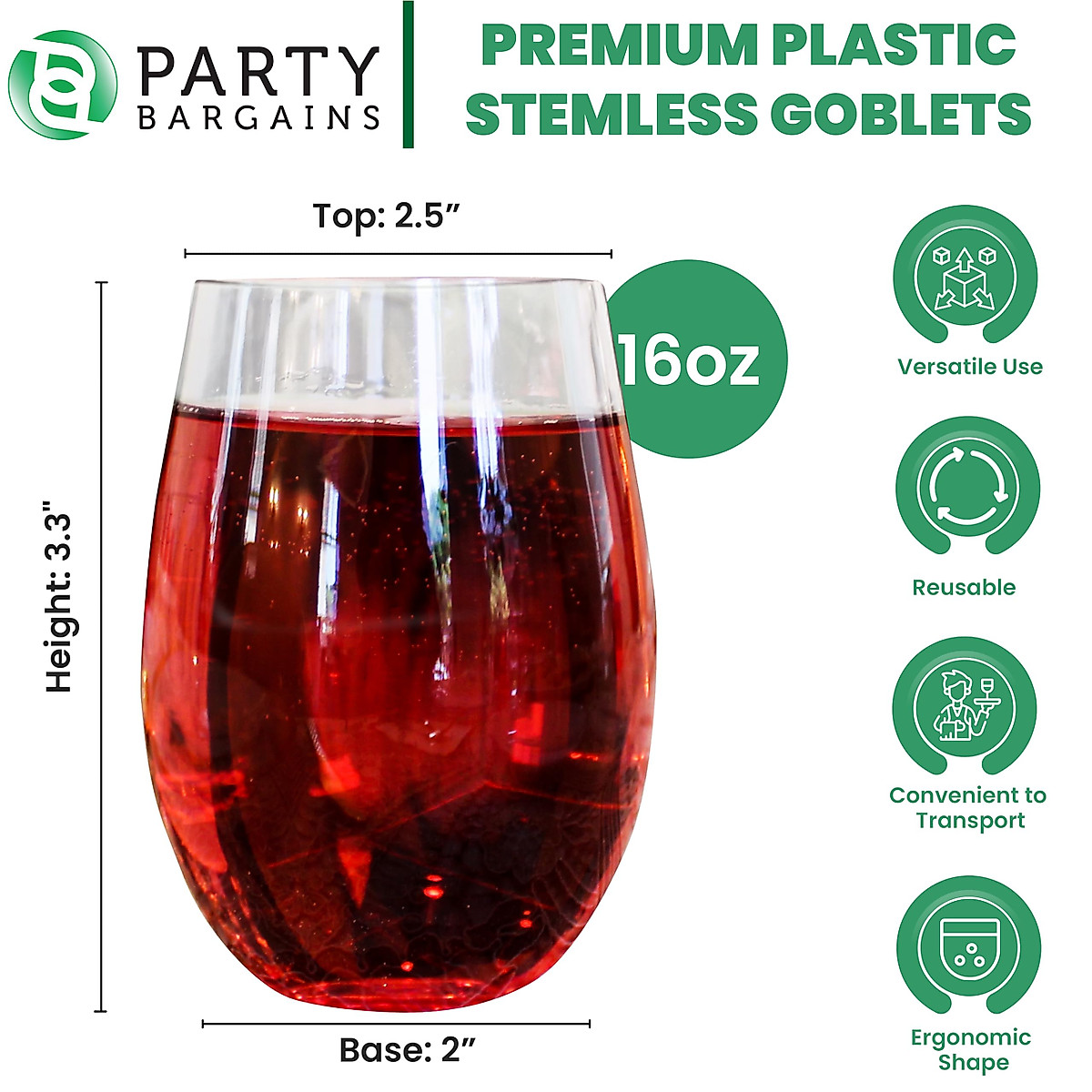 PARTY BARGAINS Stemless Goblet, 16 oz, Clear, 6 Pack, Heavy Duty Plastic Wine Glasses, Decorative Drinking Cups for Weddings, Baby Showers, Barware, Drinkware