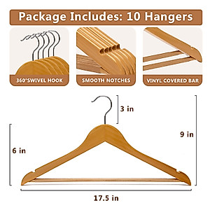 Wooden Hangers 10 Pack, Non-Slip Wood Hangers with 360° Swivel Hook & Notches, Solid & Slim Coat Hangers for Shirt, Suit, Jacket, Dress, Natural-HL01N