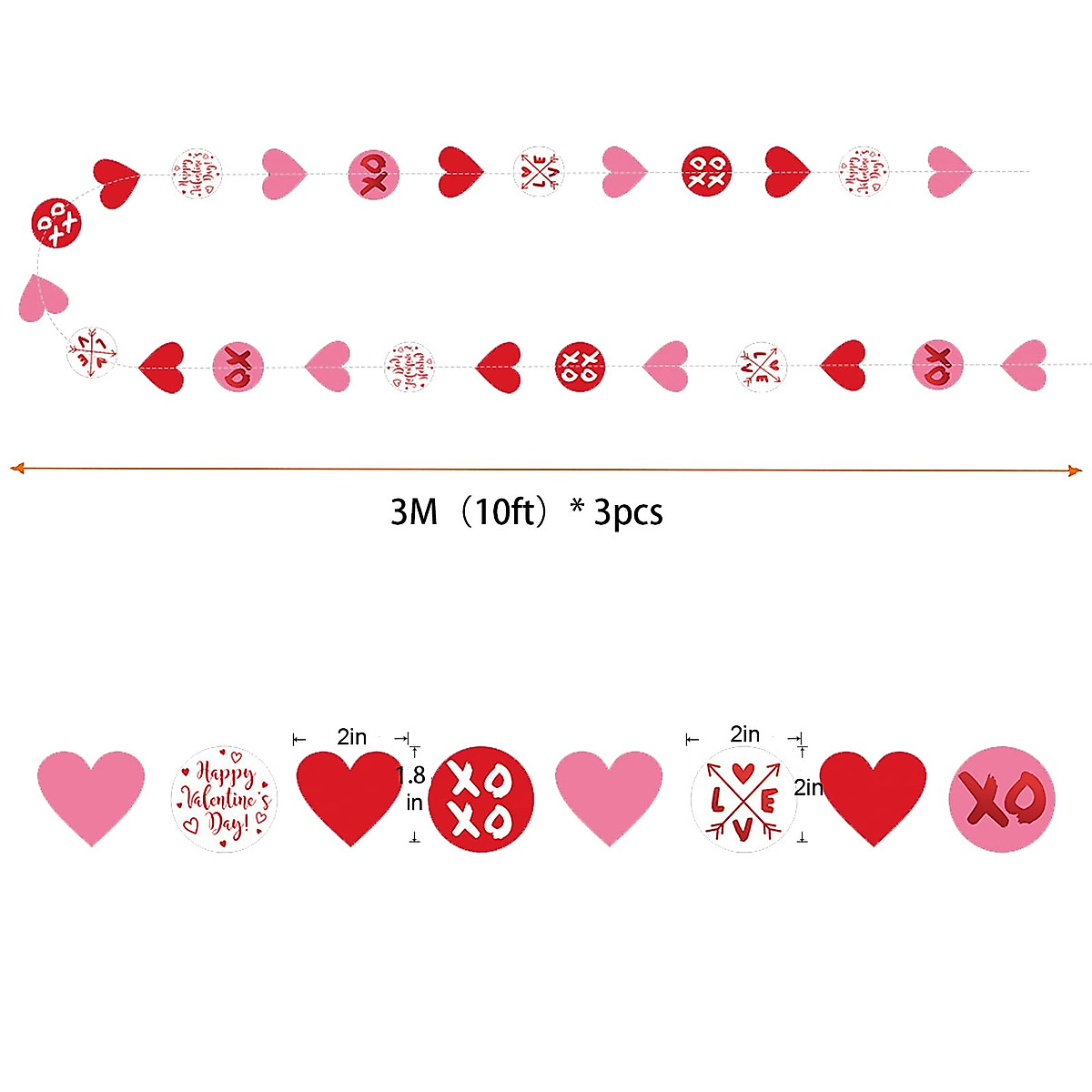 Zwiebeco 30Ft Red Pink Hearts Circle Dot Garland Paper Heart Love XOXO Bunting Banner Hanging Streamer for Engagement Wedding Hen Party Home Romantic Decorations