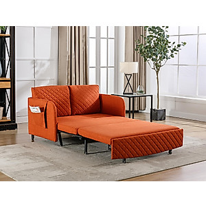 Pull Out Futon Sofa Bed, Convertible Small Loveseat Sleeper with Storage Drawer, 3 in 1 Futon Couch with Removable Pocket and 2 Pillows, Modern Love Seat for Living Room, Guest Room, Deep Orange