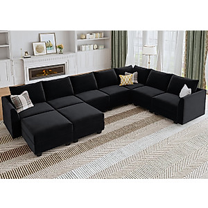 HONBAY Modular Sectional Sofa Velvet U Shaped Couch with Storage Oversized Sectional Sofa Couch for Living Room, Black