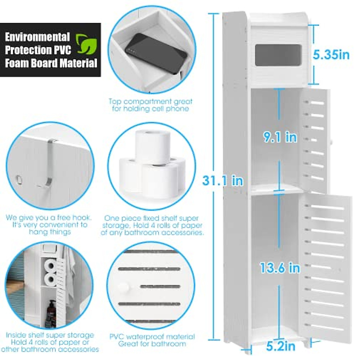 WODETREE Upgrade 9mm Thickness Small Bathroom Storage Cabinet with 2 Doors and 2 Shelves, W5.9 x D6.2 x H31.5 Bathroom Organizer, 4 Tier Design Toilet Paper Storage for Small Space and Corner(White)
