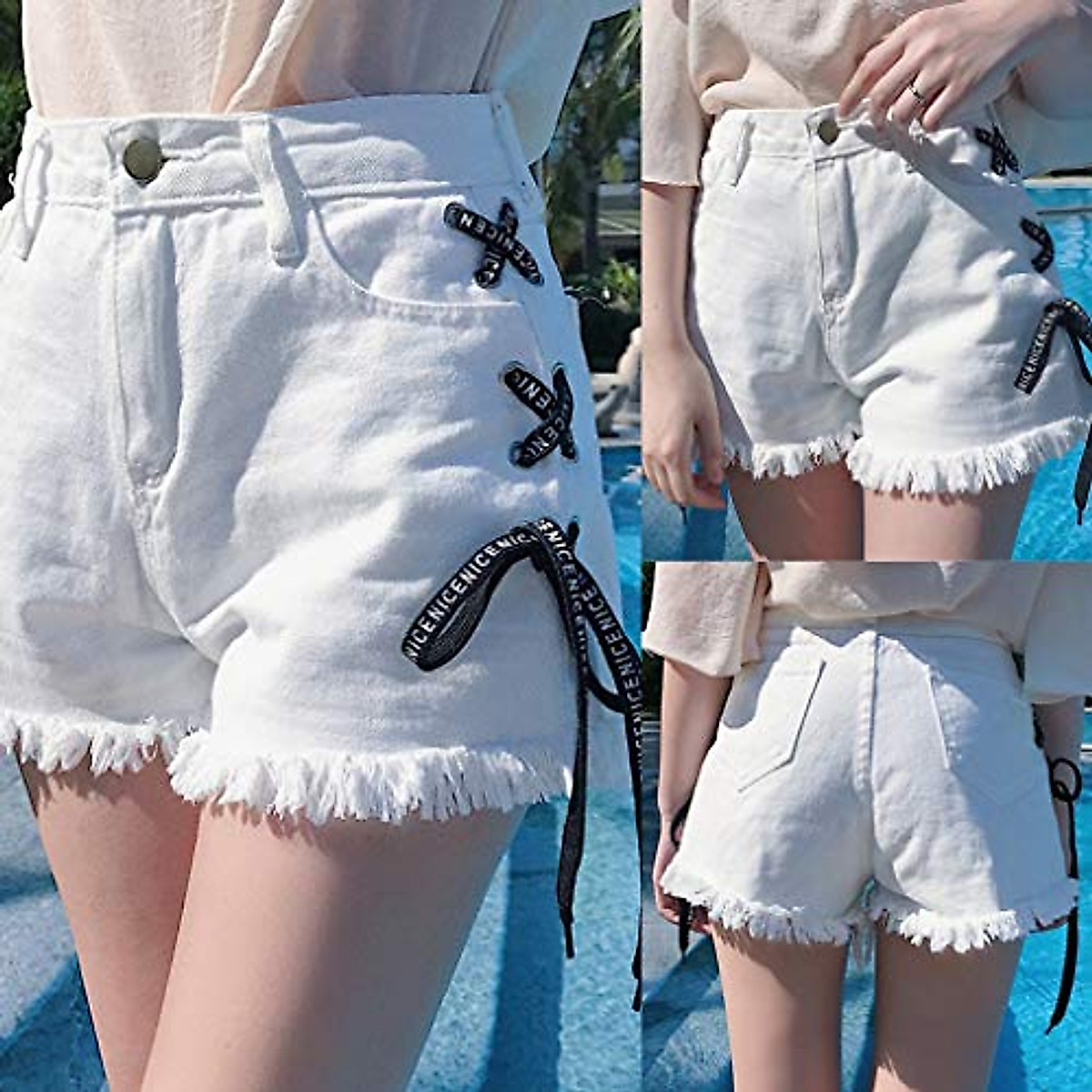 Fashion Mid Waist Slim Sexy Shorts,THENLIAN Women Summer Bandage Denim Shorts Pants Tassel Wide-leg Trousers Jeans(XXL, White)