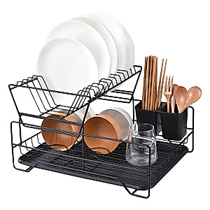 Lanrinwon Black Dish Drying Rack,2 Tier Stainless Steel Chrome Dish Racks for Kitchen Counter Sink Large Dish Drainer with Removable Black Drainboard
