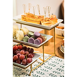 LAUCHUH 3 Tier Serving Stand Porcelain Serving Platter Tier Serving Trays with Collapsible Sturdier Rack, Serving Dishes and Platters for Thanksgiving, Christmas, Entertaining, Gold, 12 Inch