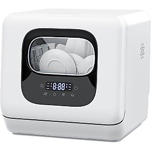 Joy Pebble Countertop Dishwasher, 28 Pieces Dishes/Cycle, 6 Washing Programs&Hot Drying, Dish Washer with 360°Dual Spray, with Child Lock&Delayed Start, Portable Dishwasher for Apartment/RV/Dorm
