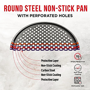 BAKKENMASTER Non-Stick Pizza Pan with Holes - 13-Inch Perforated Pizza Crisper Carbon Steel Pizza Pan - 1 Round Pizza Trays PFOA PFOS and PTFE Free