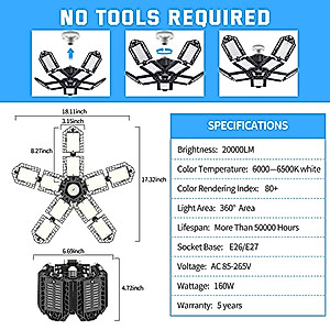 AKIRES LED Garage Light,20000LM 6500K Screw in Light Bulb with 10+1 Adjustable Panels,Deformable Garage Lights Ceiling LED Garage Light for Basement Workshop Attic Barn(4-Pack)