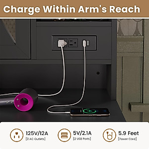 HAUOMS Farmhouse Vanity Desk with Mirror, 11 Hollywood LED Lights & Power Outlet, 43" Makeup Vanity Table with 5 Drawers, Cabinet & Shelves, 3 Color Modes, for Bedroom, Women, Black