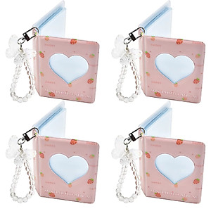 GOLDEN STRAWBERRY 4 PCS 6 Inch Photo Album 16 Pockets Photo Storage with Keychain Mini Photo Album Keychain for Picture Photo Card Holder Storage Book Wedding Anniversary Valentine Gift (Pink)
