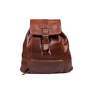 Zinda Genuine Leathers Unisex Backpack Drawstring Satchel Flap Over Book Bag Multiple Pockets Travel Bag (Cognac)