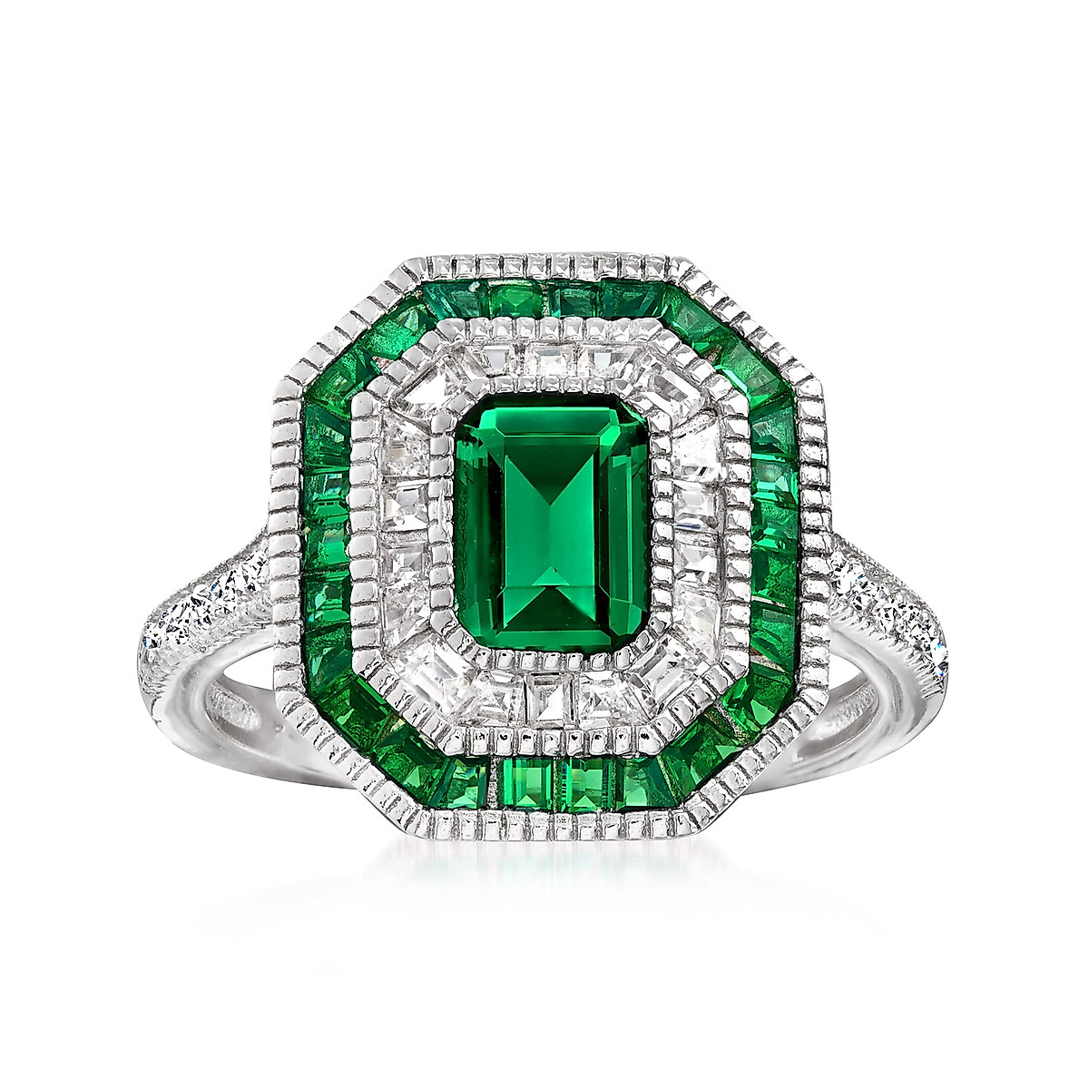 Ross-Simons 2.00 ct. t.w. Simulated Emerald and .77 ct. t.w. CZ Ring in Sterling Silver. Size 8