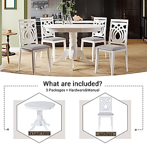 Merax Mid-Century Wood 5-Piece Extendable Dining Table Set with 4 Upholstered Chairs for Small Places, White_Round