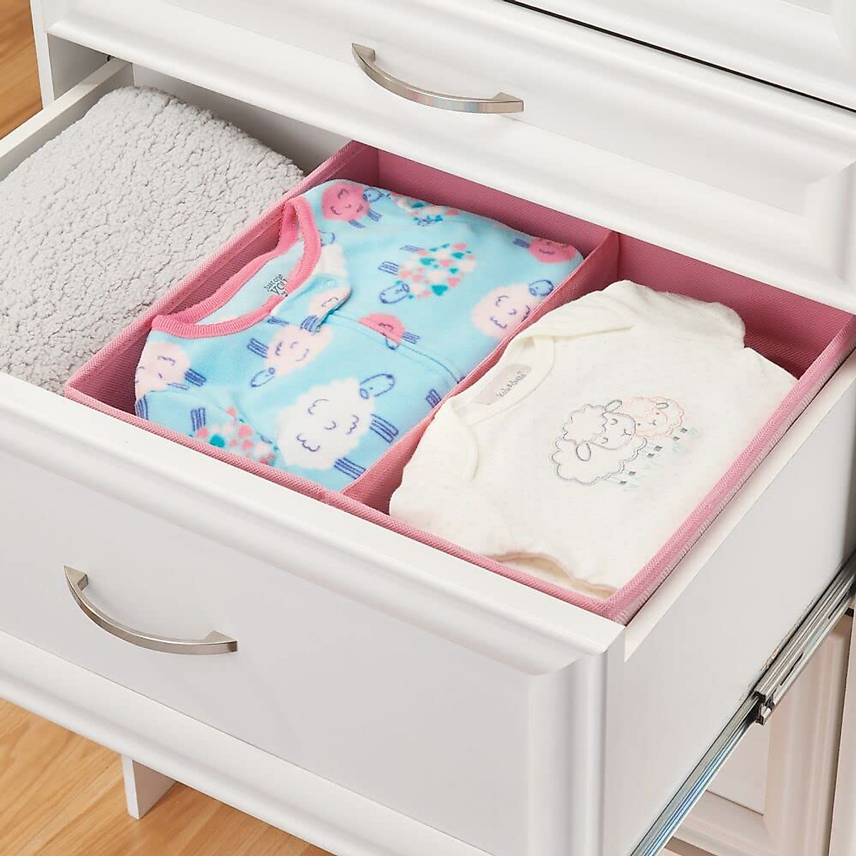 mDesign Fabric Drawer Organizer Bin Dividers for Kids/Baby Nursery Dresser, Closet, Organization - Bins Hold Clothes, Diapers, Cream, Toy, Blankets - Pink Herringbone