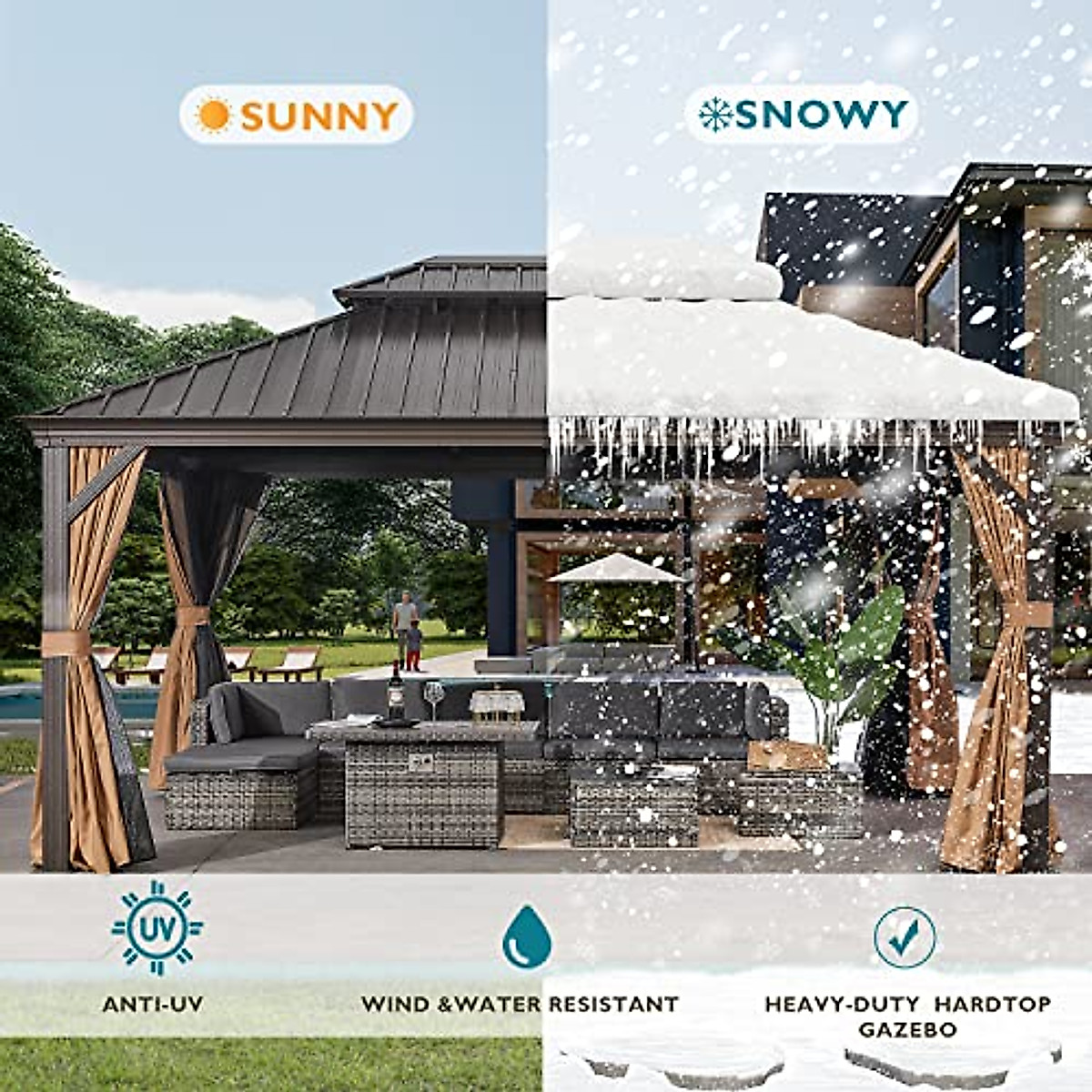 Binplax Outdoor Hardtop Gazebo Polycarbonate Double Roof Canopy Curtains Aluminum Frame with Netting for Garden, Patio (Metal Top, 12 * 16')