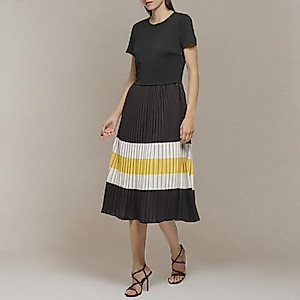Karl Lagerfeld Paris Women's Pleated Printed Midi Dress, Black Lemon Chrome Soft White