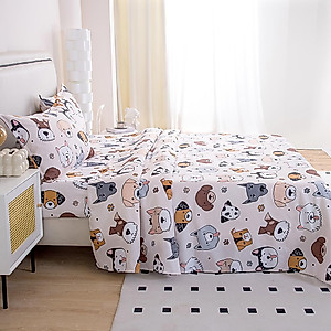 Generic WFFFa 3PC Dogs Printed Bed Sheet Set for Kids,Soft Breathable Fabric Flat Sheet Deep Pocket Fitted Sheet and Pillow Cases Set (Cream, Twin)