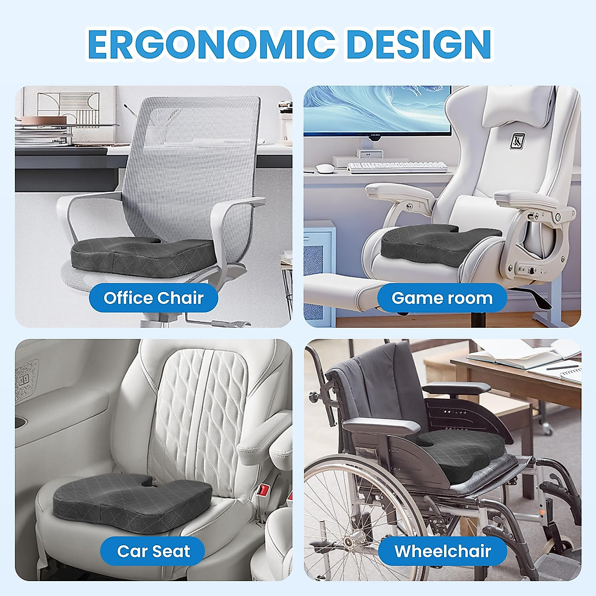 TushGuard Seat Cushion, Office Chair Cushions, Car Seat Cushion, Non-Slip Sciatica & Back Coccyx Tailbone Pain Relief Chair Pad, Memory Foam Butt Pillow for Computer Desk, Wheelchair, Driving (Grey)