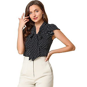 Allegra K Women's Polka Dots Tie Neck Blouse Summer Ruffled Cap Sleeve Office Top Medium Black
