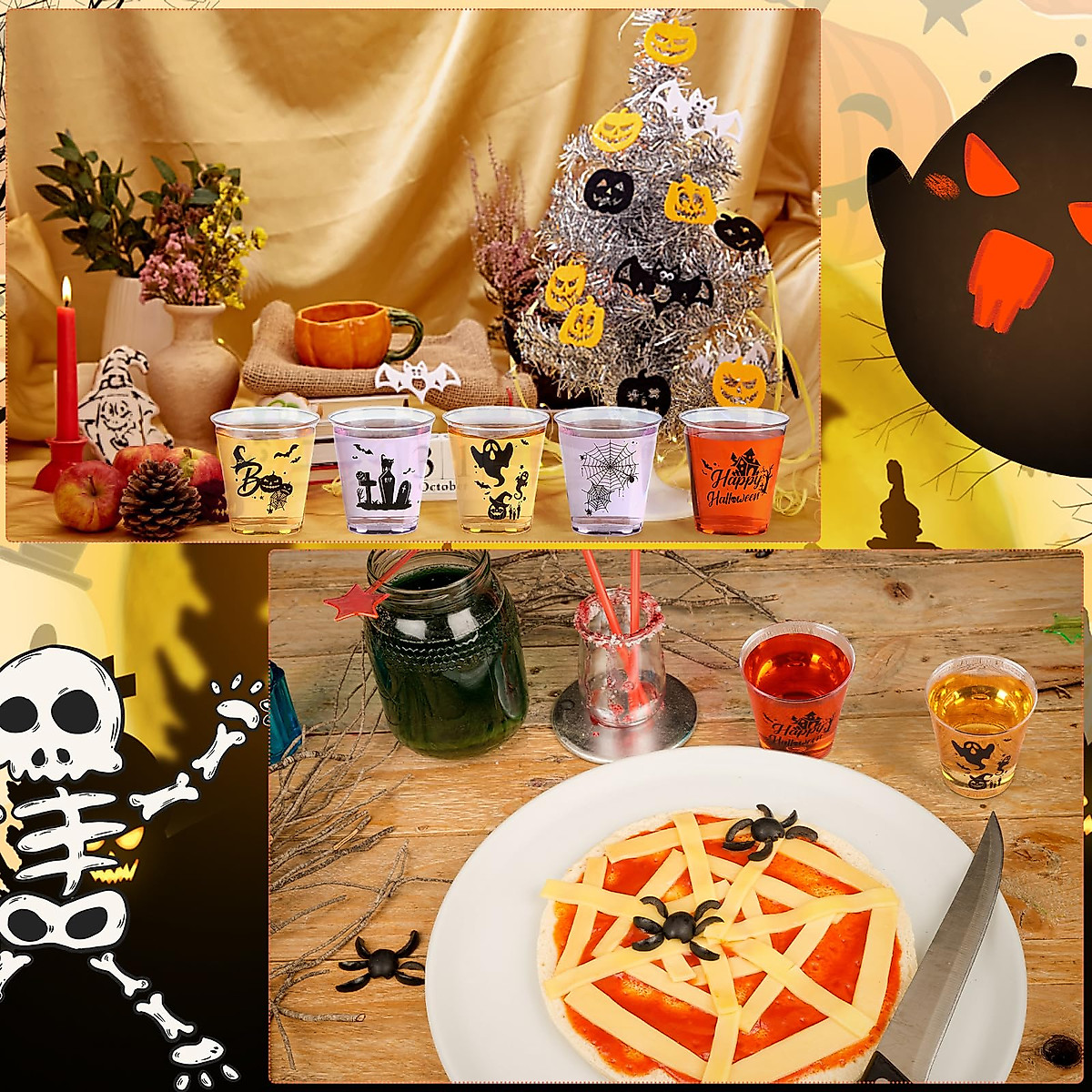 Roshtia 120 Pieces Halloween Plastic Shot Glasses Disposable Cups 2oz Pumpkin Ghost Witch Bat Printed Plastic Cups for Halloween Party Supplies Beverage Ice Cream Snacks Candy Favors, 6 Styles