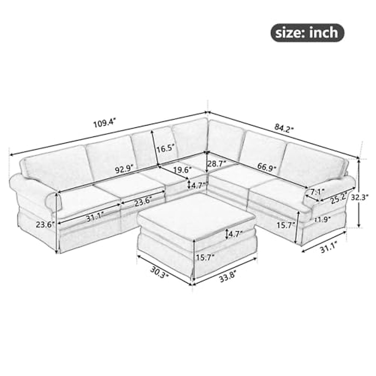 LIUJUN 109.4" Fabric Upholstered Modular Sofa Collection, Sectional Couch with Removable Ottoman for Living Room
