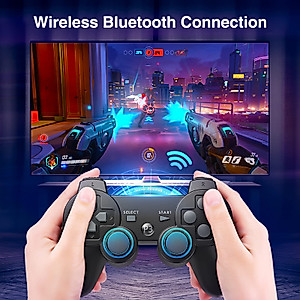 Powerextra Wireless Controller for PS3, 2 Pack High Performance Gaming Controller with Upgraded Joystick Double Shock for Play-Station 3 (Black and Blue)