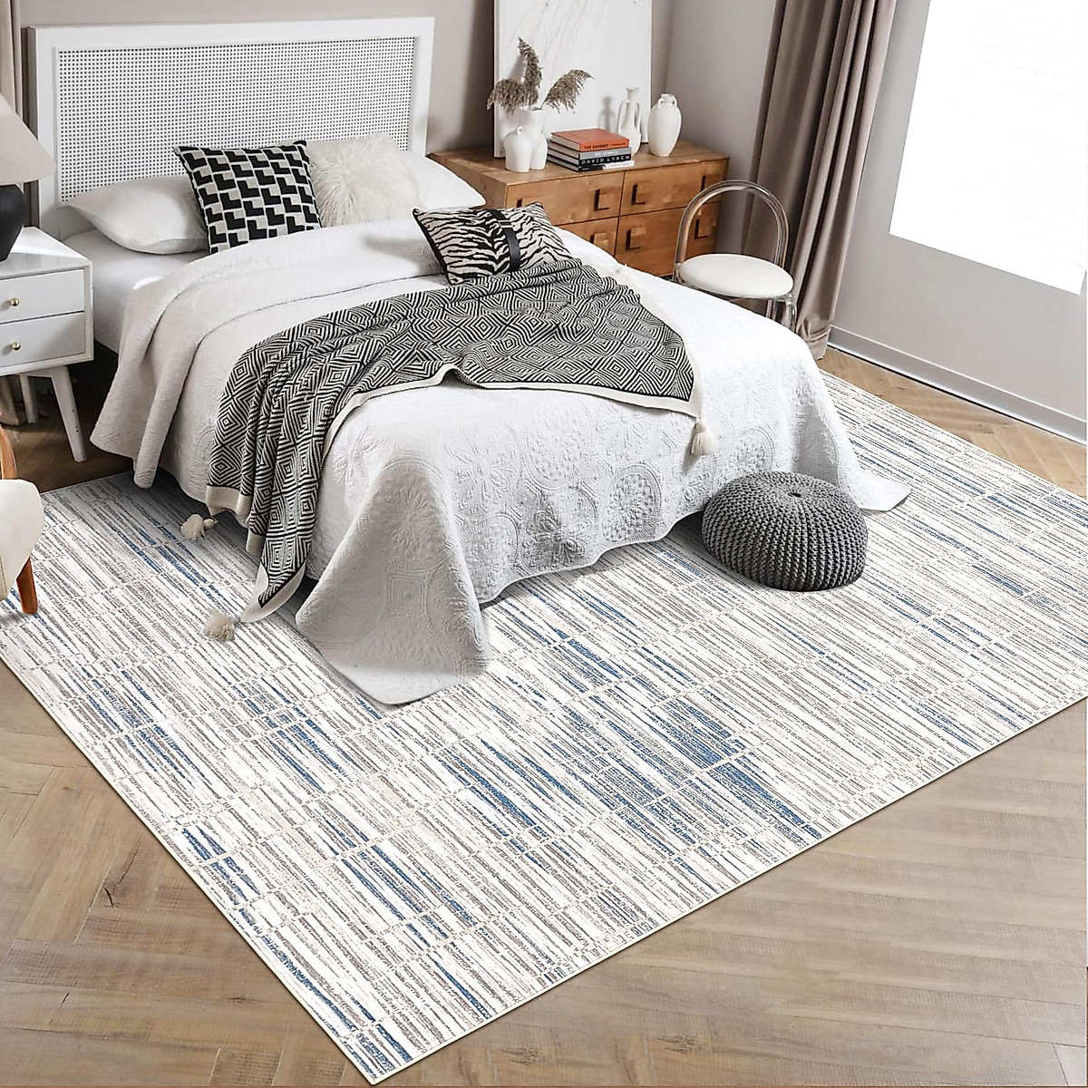 ROYHOME 8x10 Bedroom Rug Geometric Large Living Room Area Rug Indoor Washable Rug Non-Slip Stain Resistant Throw Floor Carpet Modern Abstract Dining Room Rug Boho Accent Rug for Home Office, Blue