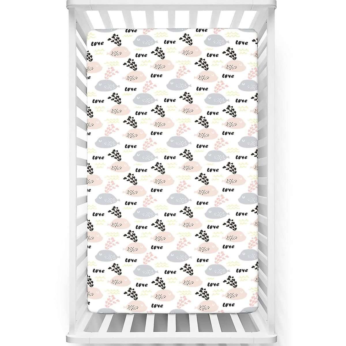 Whale Themed Fitted Mini Crib Sheets,Portable Mini Crib Sheets Ultra Soft Material-Crib Mattress Sheet or Toddler Bed Sheet,24“ x38“,Multicolor