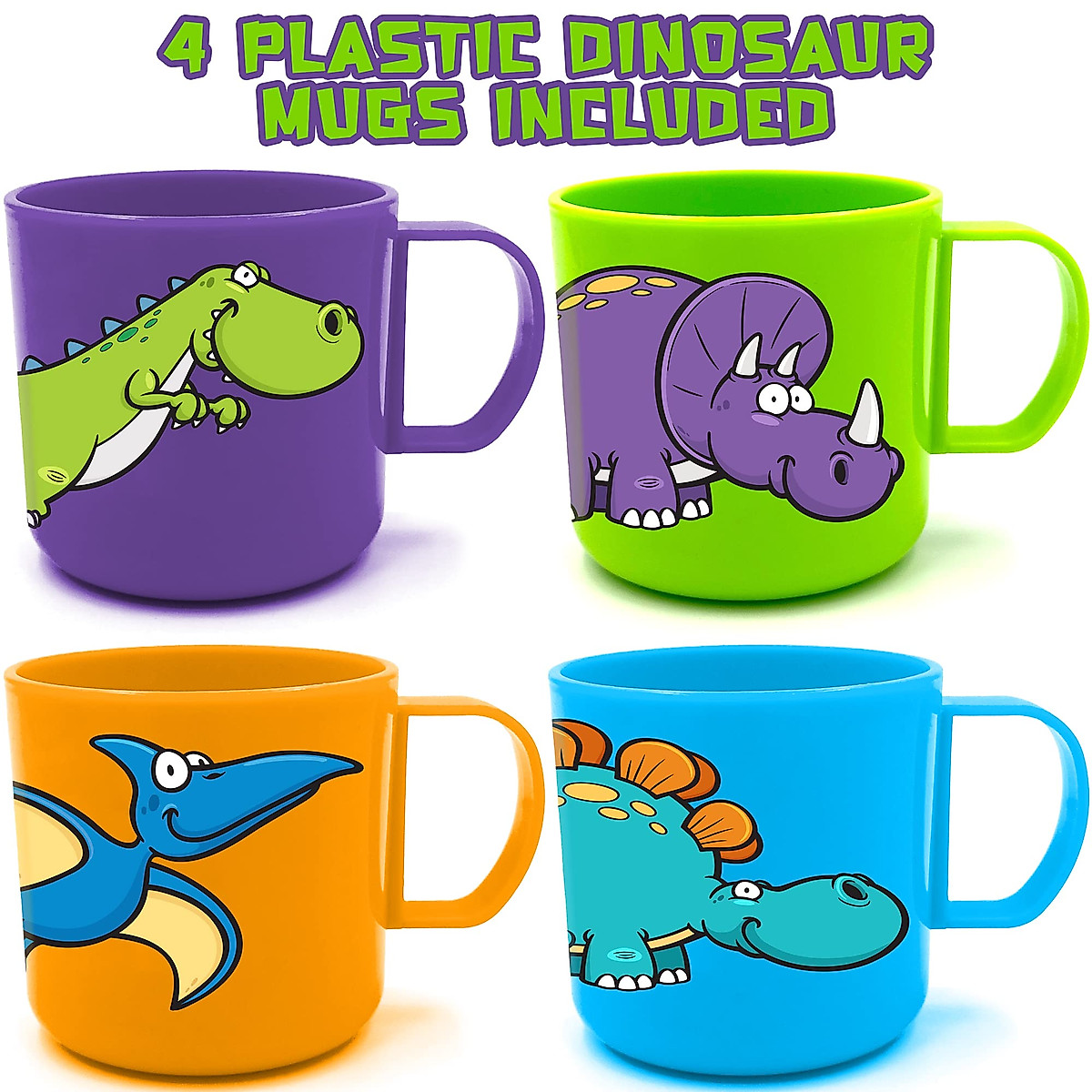 ArtCreativity Dinosaur Mugs for Kids, Set of 4, 3-Inch Plastic Cups in Assorted Colors & Designs, Ideal for Dinosaur Party Favors, Gifts,Photo Booth Props, Table Decorations for Themed Parties