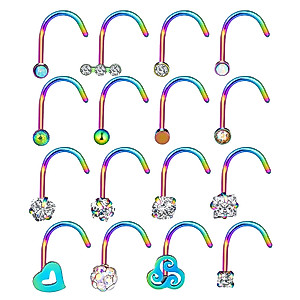 Oyaface 20g(0.8mm) 16PCS Stainless Steel Stud Nose Ring Screw Body Piercings for Women Men (Screw - Rainbow)