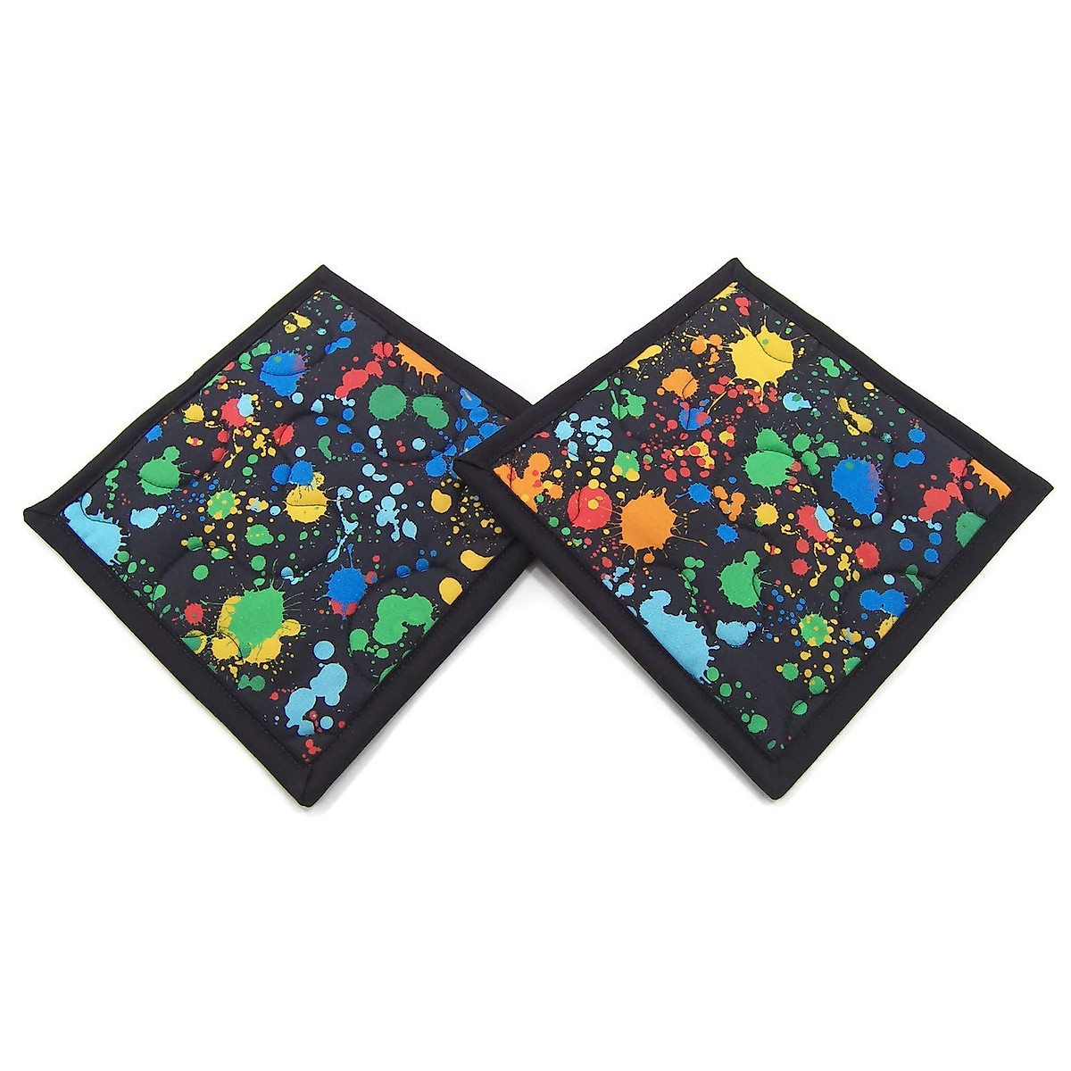 Colorful Hot Pads, Quilted Pot Holders - Color Splatters on Black Set of Two - 8 Inch Square
