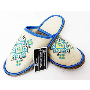 PetriStor 100% Natural Wool Felt Sauna Slippers Ukrainian Ornament Blue for Men - Sauna Banya Slippers Felt Bathhouse/Vaporarium - Made in Ukraine